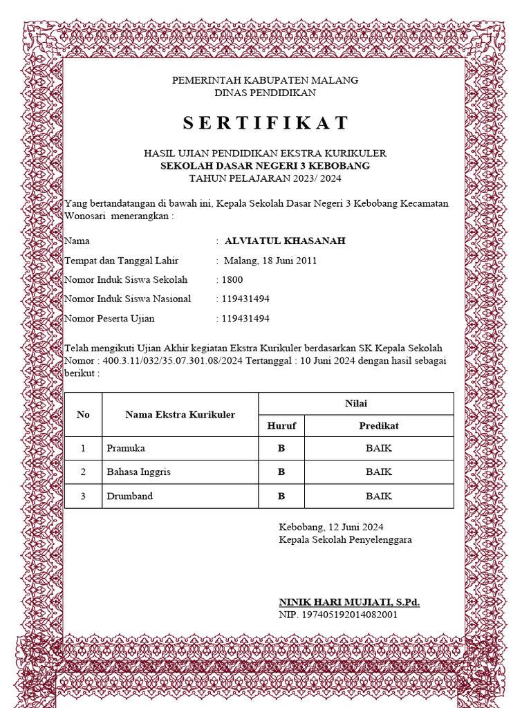 Sertifikat Ekskul | PDF