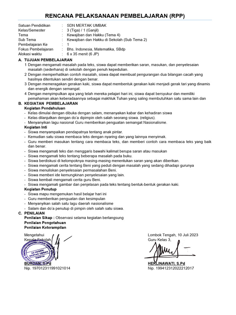 RPP Kelas 3 Tema 4 Sub Tema 2 | PDF | Seni & Disiplin Bahasa