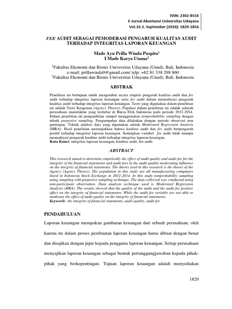Pengaruh Kualitas dan Fee Audit pada Integritas Laporan Keuangan | PDF ...