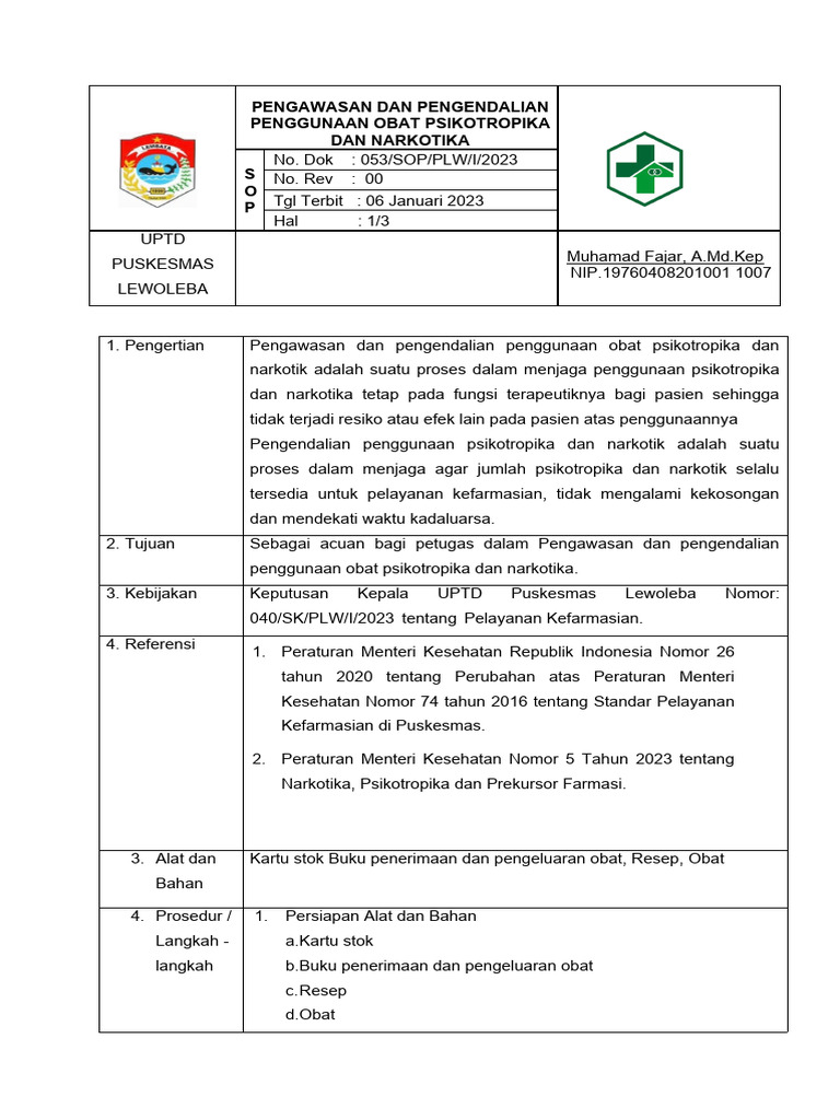 Sop Pengawasan Dan Pengendalian Penggunaan Obat Psiko Dan Narko | PDF