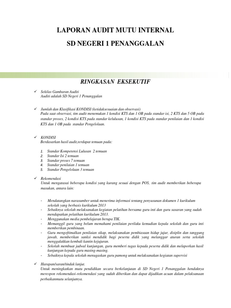 Laporan Audit Mutu Internal SD Negeri 1 Penanggalan | PDF