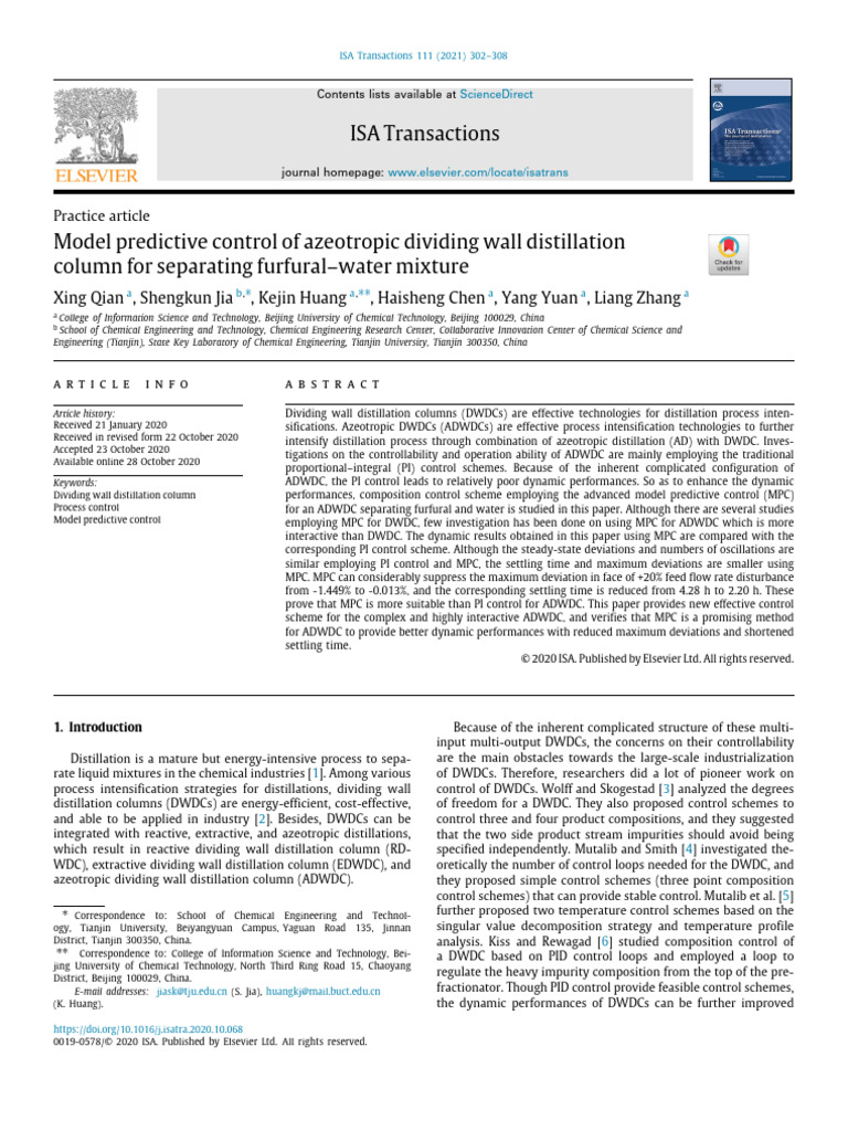 Model Predictive Control of Azeotropic Dividing Wall Distillation ...