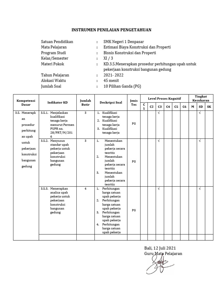 Contoh Instrumen Penilaian Pengetahuan | PDF