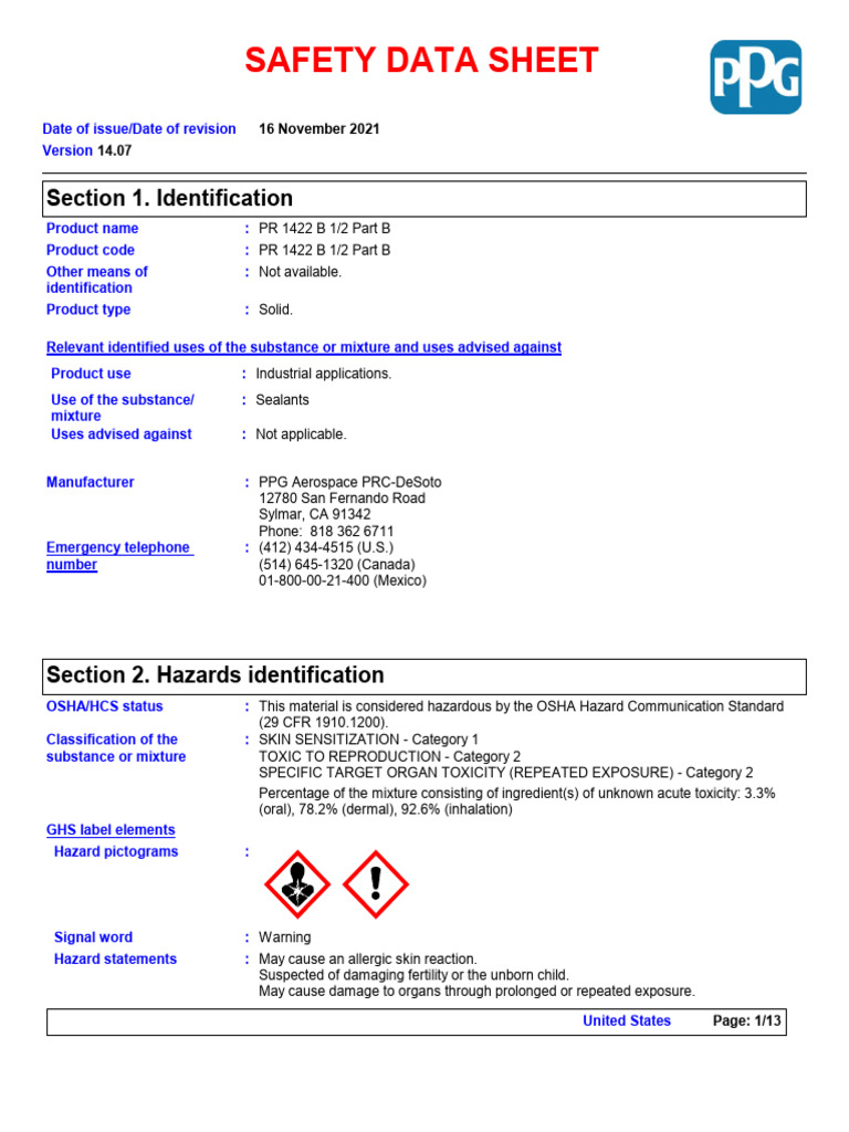 PR 1422 B 1/2 Part B Safety Data Sheet | PDF | Toxicity | Safety