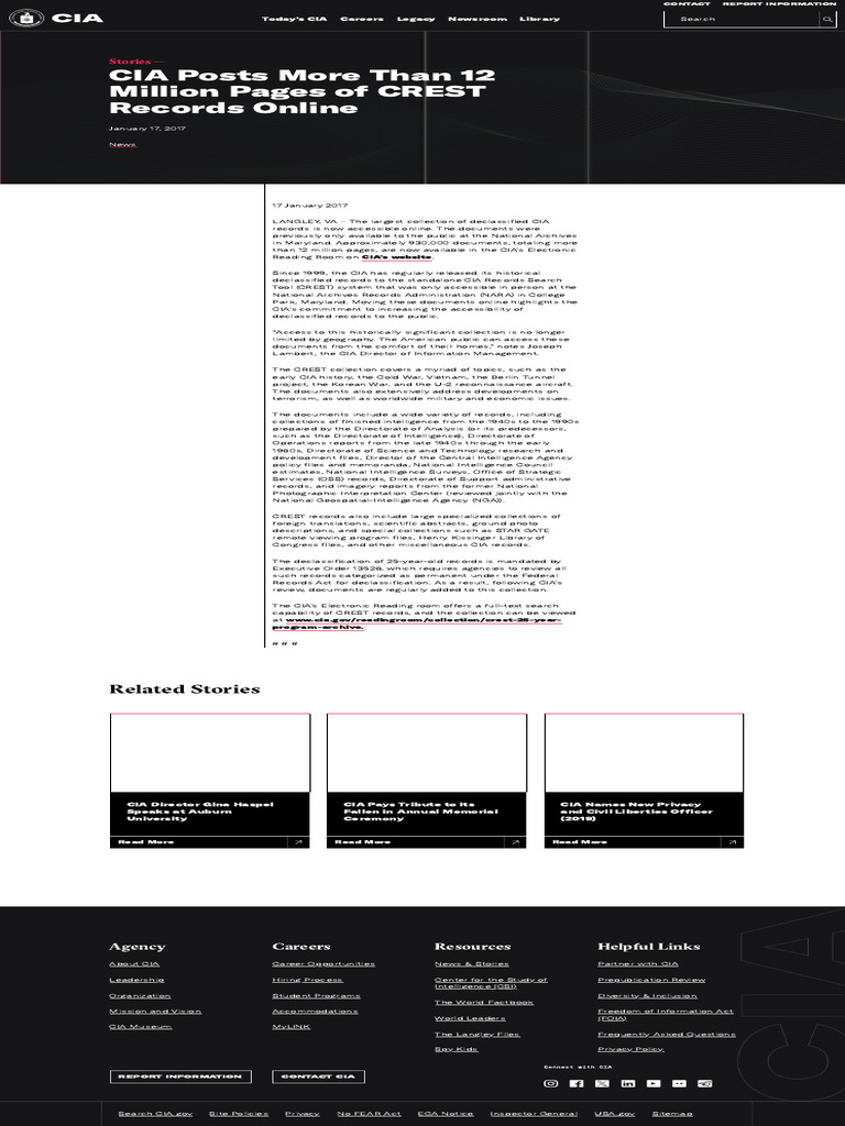 CIA Posts More Than 12 Million Pages of CREST Records Online - CIA | PDF | Central Intelligence ...