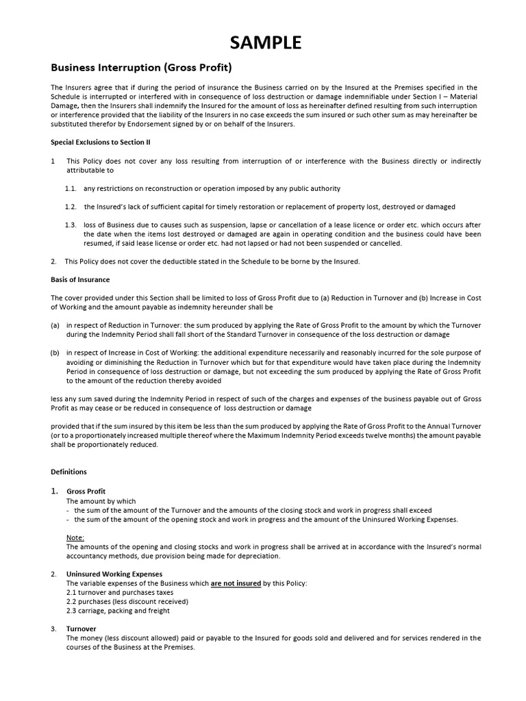 BI - Gross Profit Wordings (Sample) | PDF | Insurance | Expense