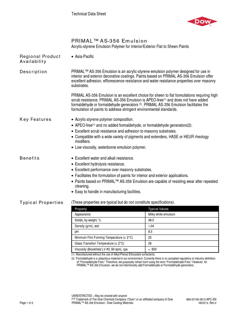 Primal As-356 | PDF | Paint | Polymers