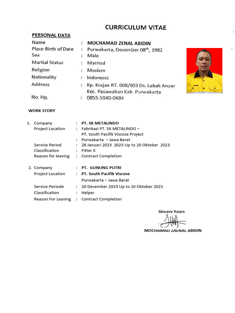 CV Mochamad Hidayat: Fitter II di Purwakarta | PDF