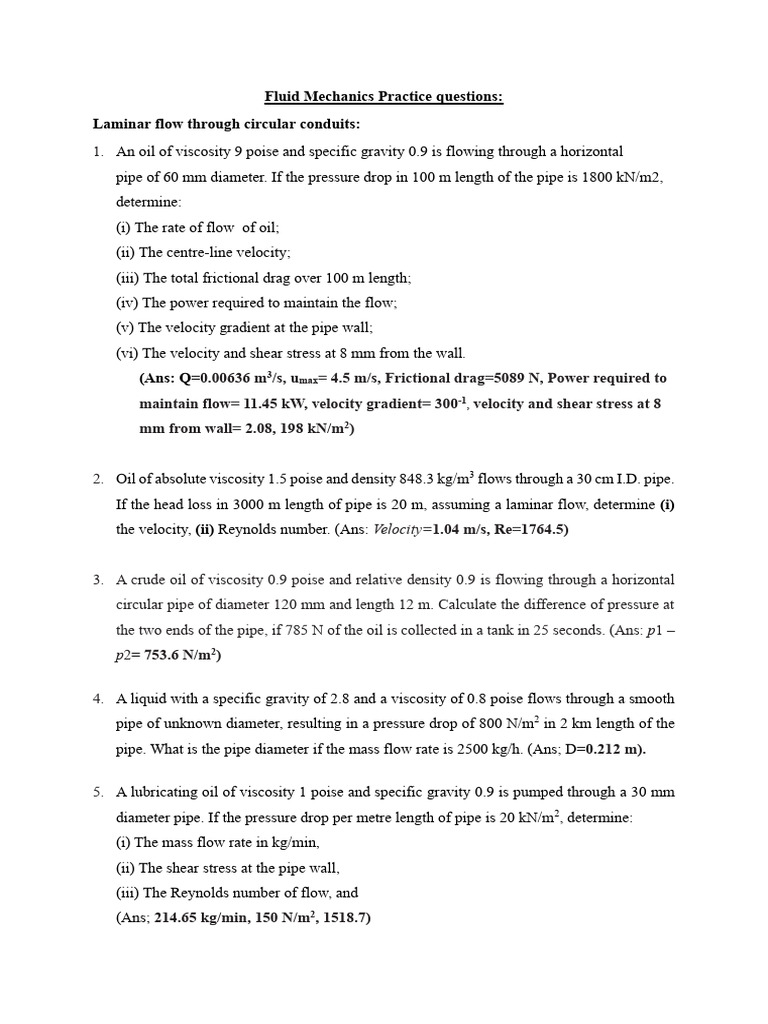 Fluid Mechanics_ Practice Questions | PDF | Fluid Dynamics | Viscosity