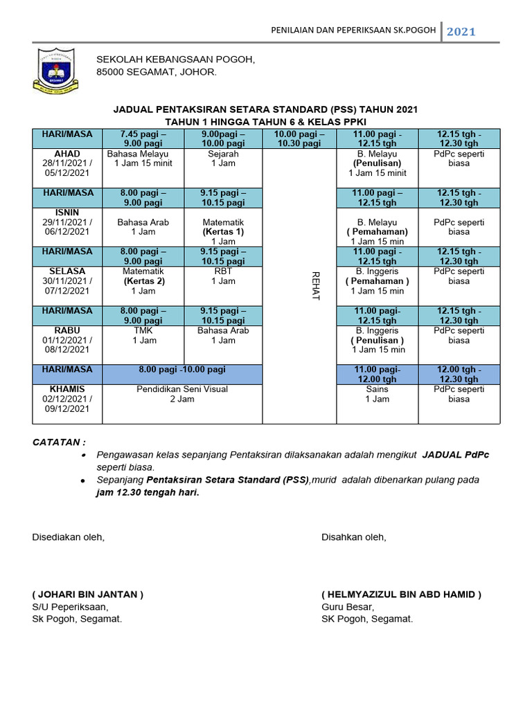 Jadual Pss 2021 Semak | PDF | Seni & Disiplin Bahasa