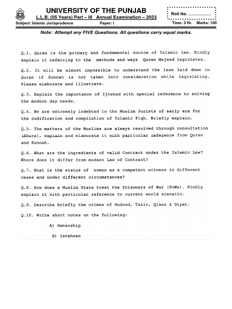 LLB - Part - III - Paper 1 Islamic Jurisprudence | PDF | Sharia ...