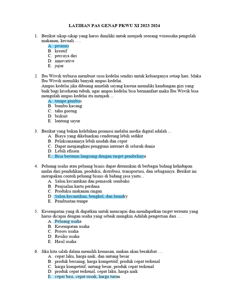 Latihan Pas Genap Pkwu Xi 2023 2024 | PDF | Karier & Perkembangan | Bisnis