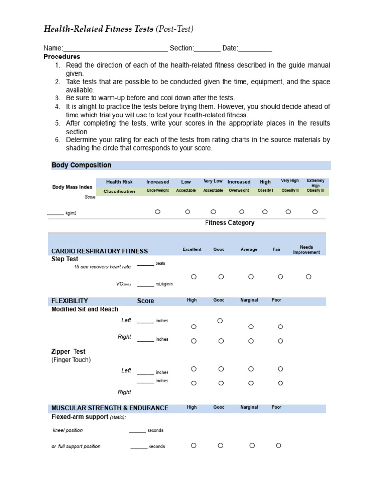 Pathfit 2 Fitness Test Form | PDF | Physical Fitness | Obesity