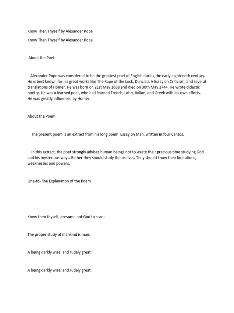 Know Then Thyself by Alexander Pope | PDF | Reason | Thought