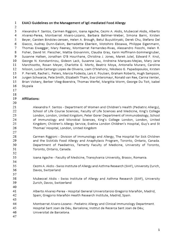 EAACI Guidelines On The Management of IgE Mediated Food Allergy FINAL ...
