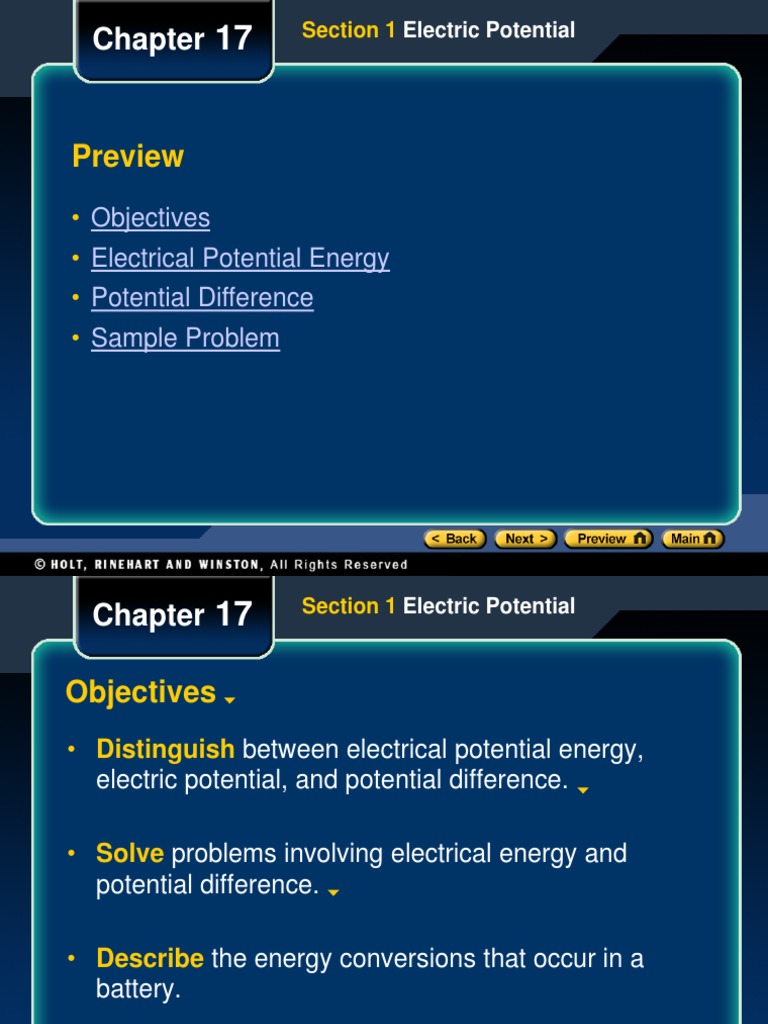 Preview: Objectives Electrical Potential Energy Potential Difference ...