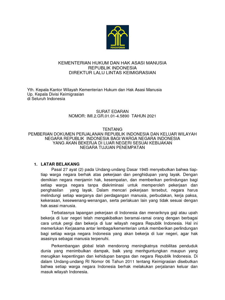 Surat-Edaran-Direktur-Lalu-Lintas-Keimigrasian-Nomor-IMI.2.GR_.01.01-4.5890-Tahun-2021 | PDF