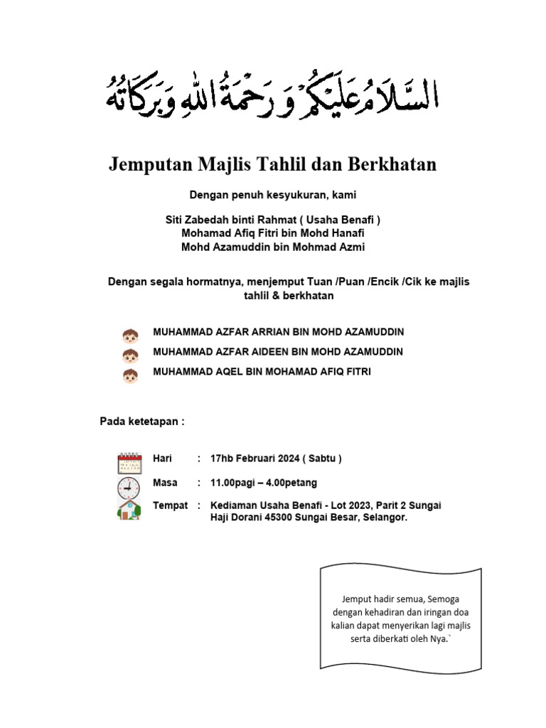 Jemputan Majlis Tahlil Dan Berkhatan | PDF