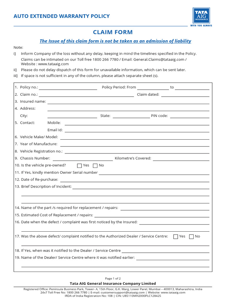 Claims Form Auto Secure Private Car Extended Warranty Insurance Policy ...