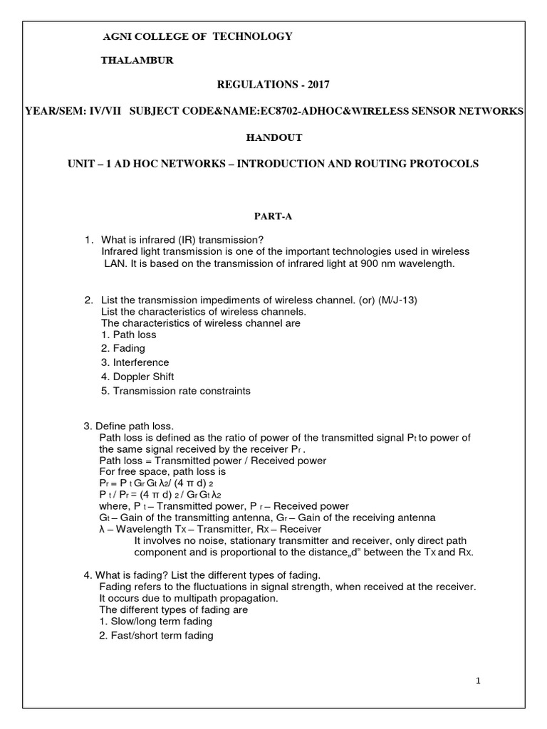 Ec8702-Adhoc and Wireless Sensor Networks-Handout | PDF | Routing | Wireless Ad Hoc Network