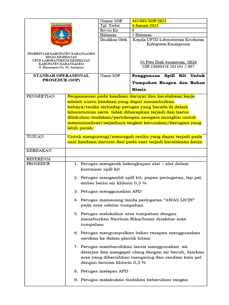 SOP Penggunaan Spill Kit di Laboratorium | PDF