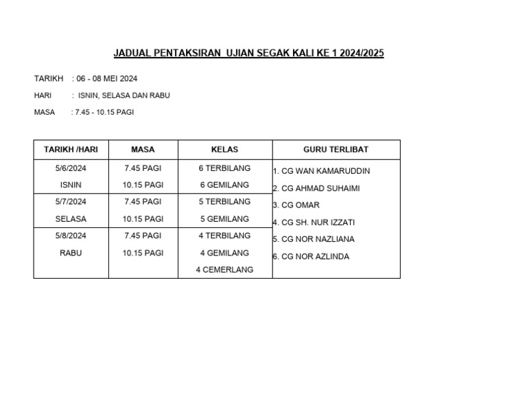 Jadual Ujian Segak 2024 | PDF