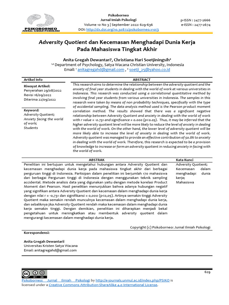 Adversity Quotient Dan Kecemasan Menghadapi Dunia Kerja Pada Mahasiswa Tingkat Akhir | PDF ...