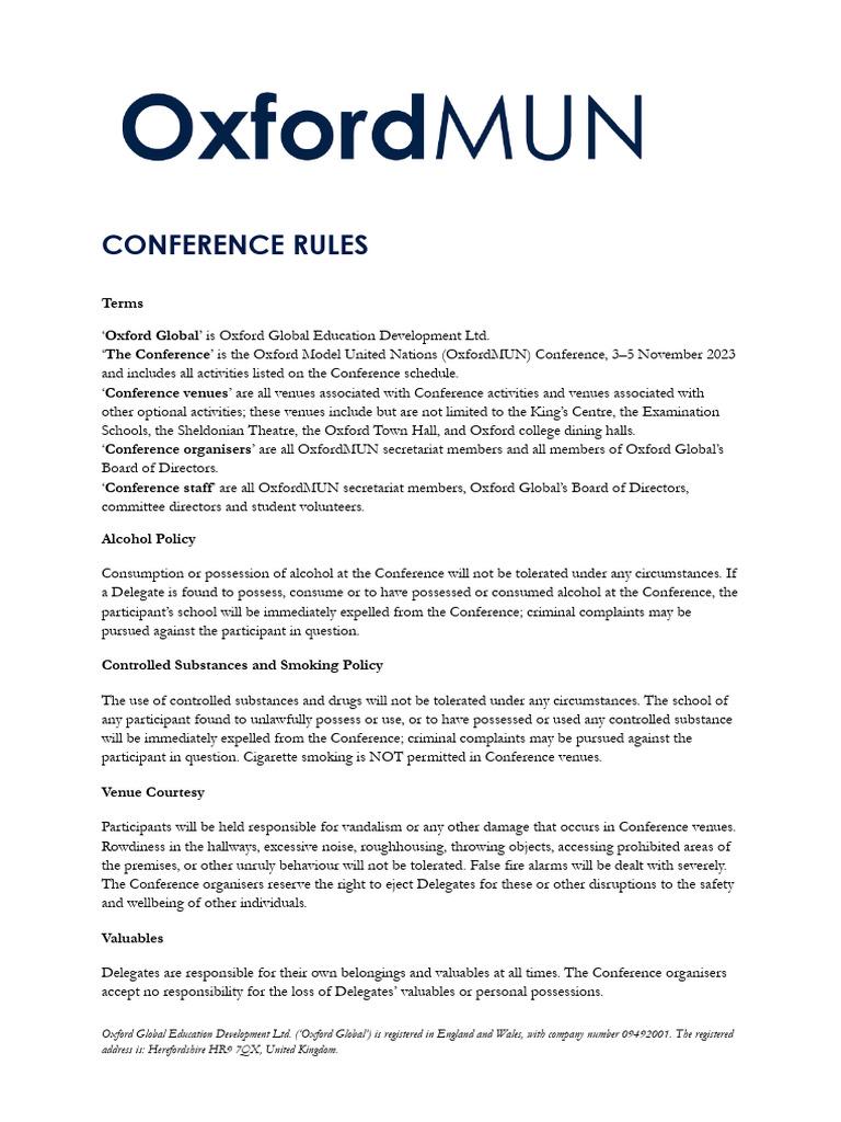 OxfordMUN Conference Rules 2023 | PDF | Indemnity | Common Law