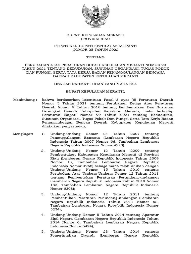 Perbup 25 Tahun 2022 Perubahan BPBD | PDF