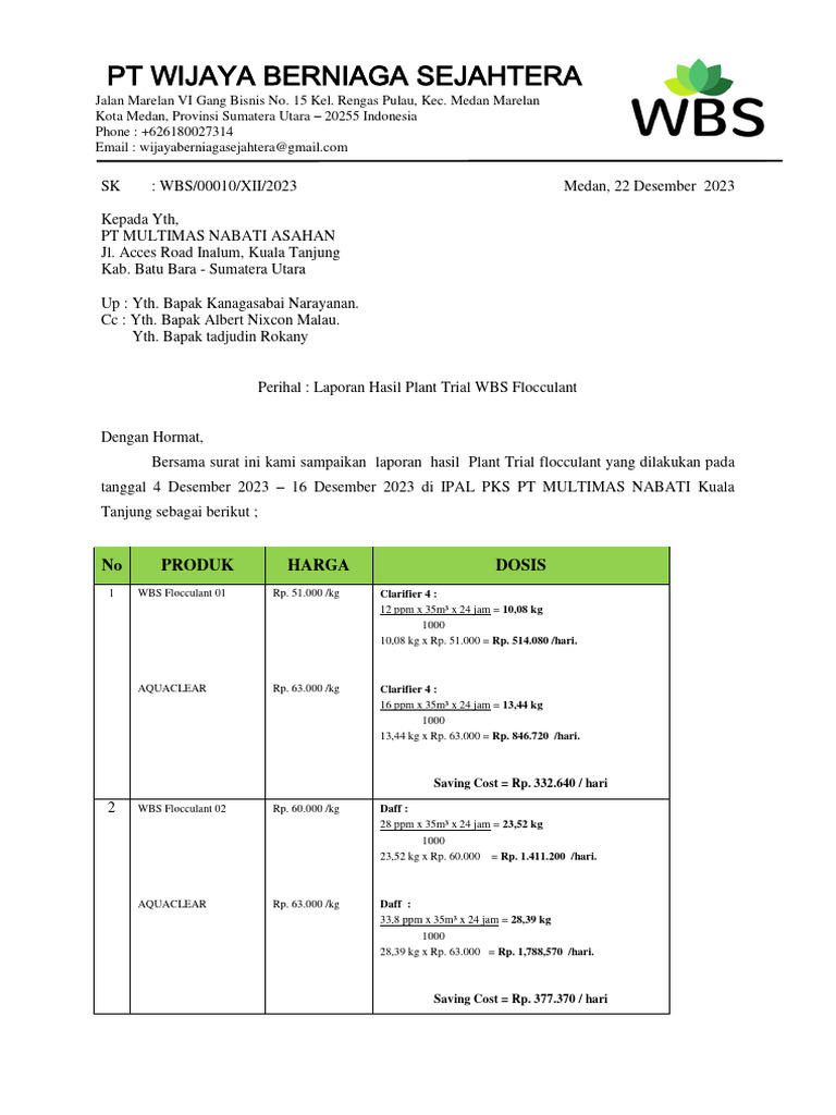 Laporan Hasil Plant Trial Flocculant | PDF