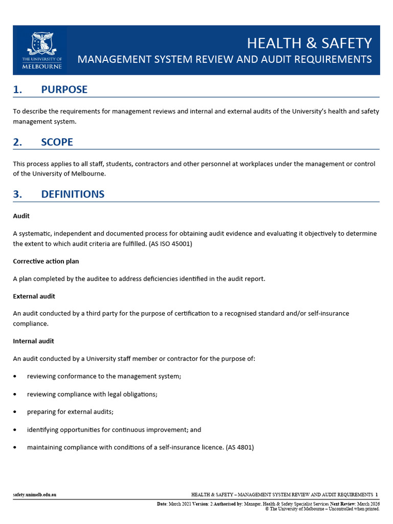 Health and Safety Management System Review and Audit Requirements | PDF ...