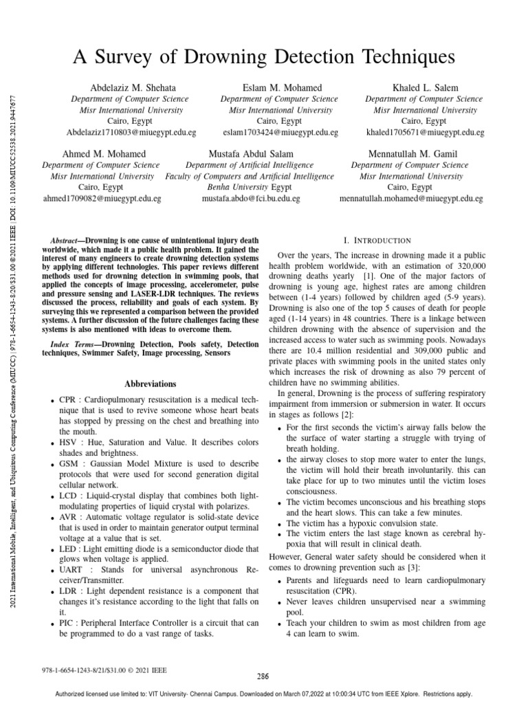A Survey of Drowning Detection Techniques | PDF | Computers