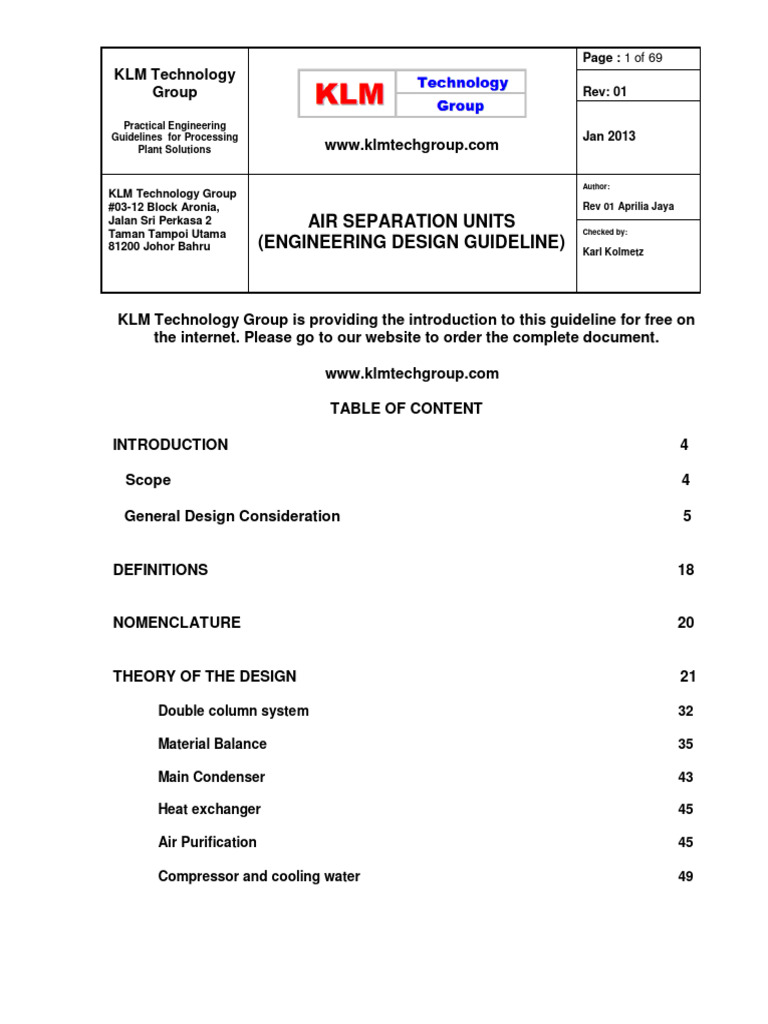 ENGINEERING DESIGN GUIDELINE Air Separation Units | PDF | Gases ...