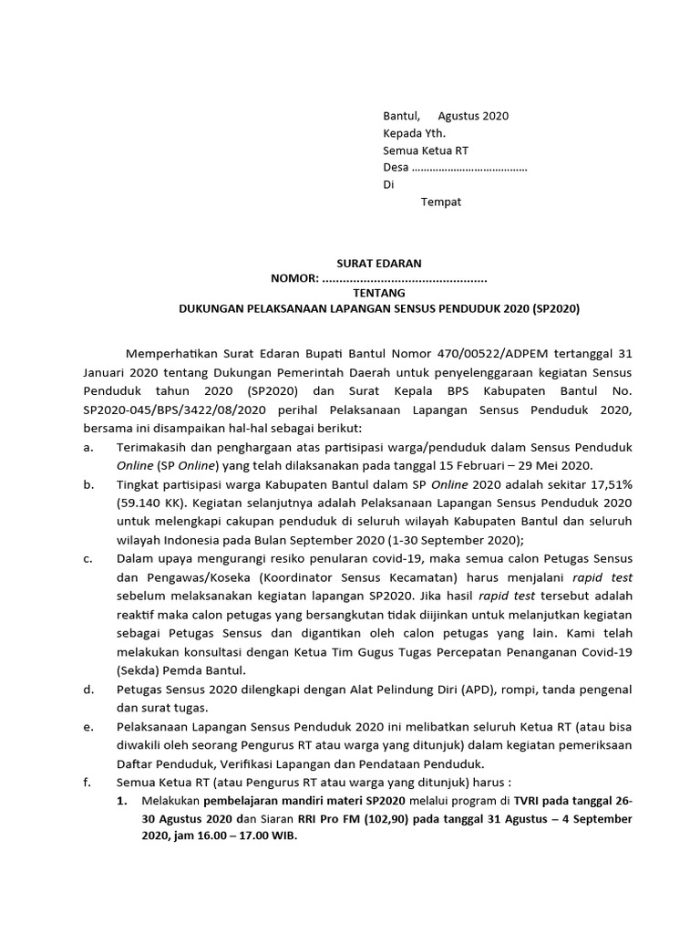 Draft Surat Edaran Kades - Pelaks Lap SP2020 - Kirim | PDF ...