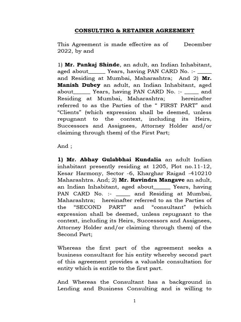 Retainership Agreement - Draft - Bhrigunath Group | PDF | Consultant ...