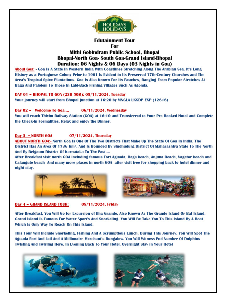 Goa Tour Plan For 3night MGPS XI | PDF | Cuisine | Foods