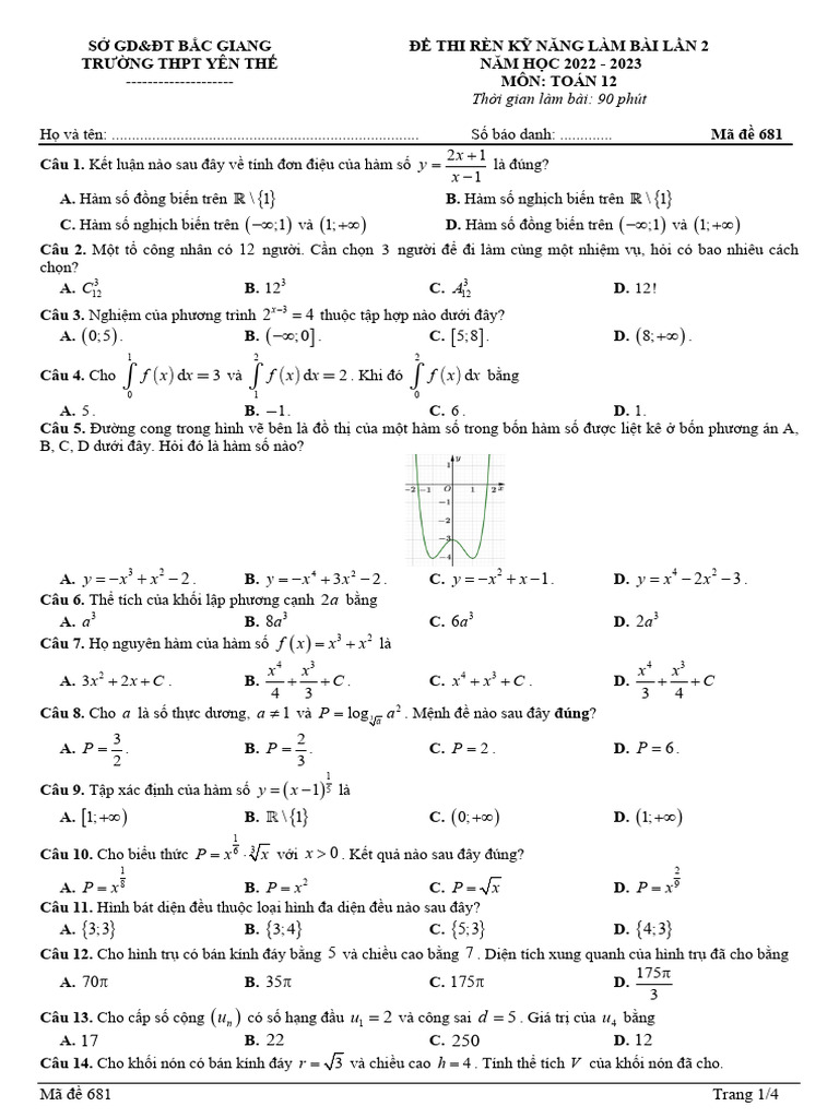 De Ren Ky Nang Lam Bai Toan 12 Lan 2 Nam 2022 2023 THPT Yen The Bac Giang | PDF