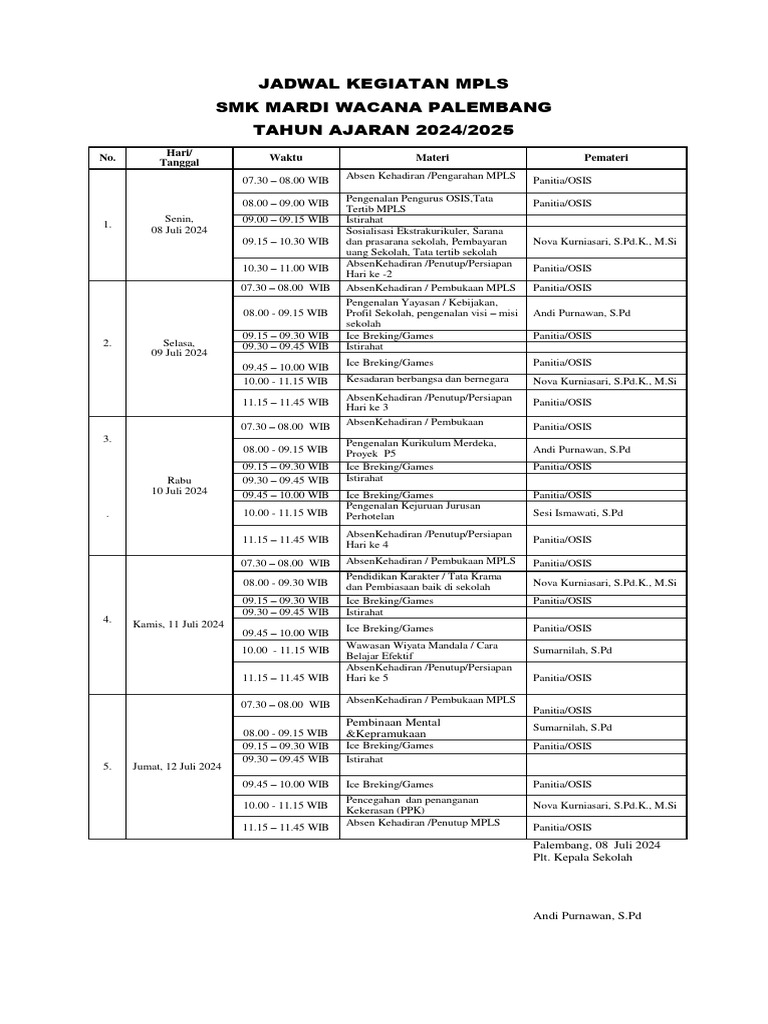 Jadwal Kegiatan MPLS 2024-2025 | PDF