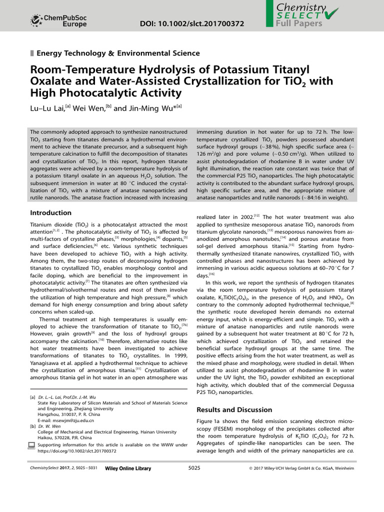 Room-Temperature Hydrolysis of Potassium Titanyl Oxalate and Water ...