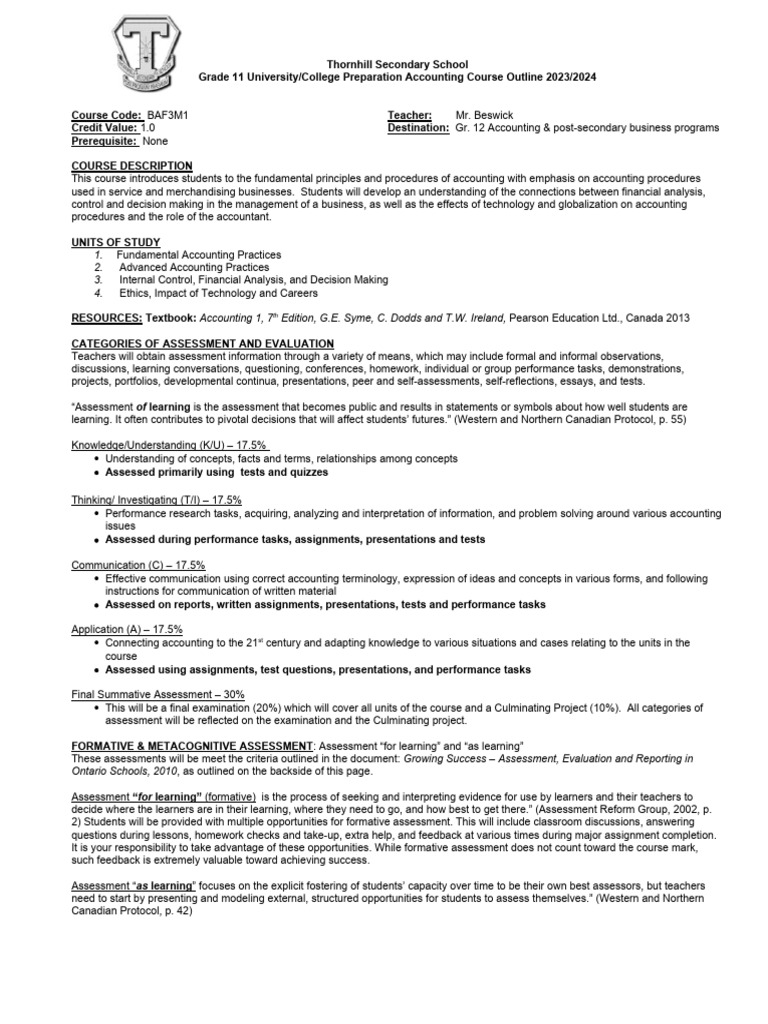 BAF 11 Accounting Course Outline 2023 | PDF | Educational Assessment ...