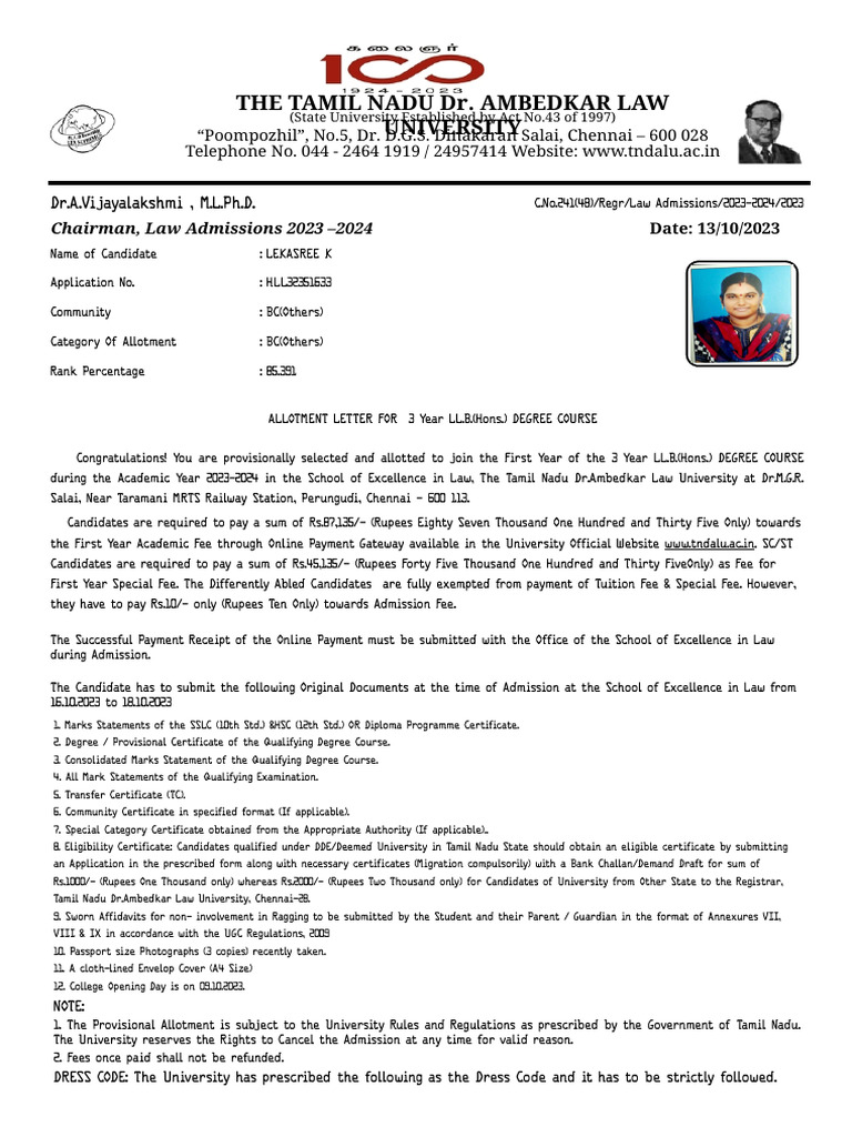 TNDALU 3-Year LLB Admission Allotment | PDF