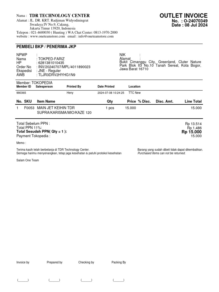 Outlet Invoice: TDR Technology Center | PDF