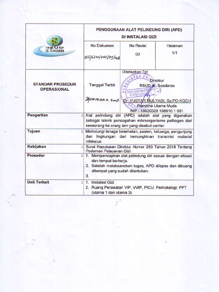 sop-7.-penggunaan-alat-pelindung-diri-apd-di-instalasi-gizi | PDF