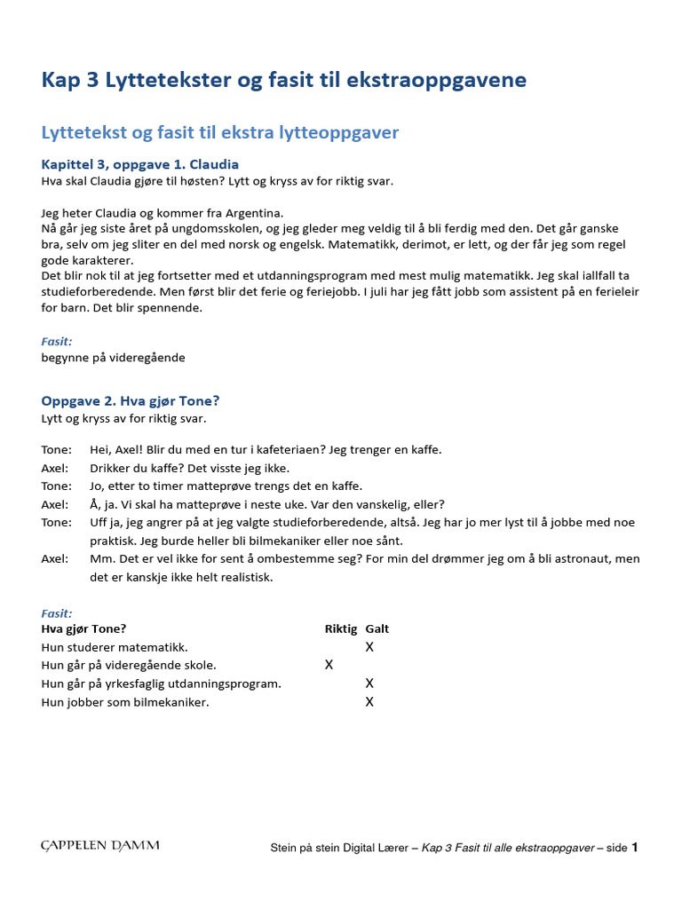 Kap 3 Lyttetekster Og Fasit Til Ekstraoppgavene PDF | PDF