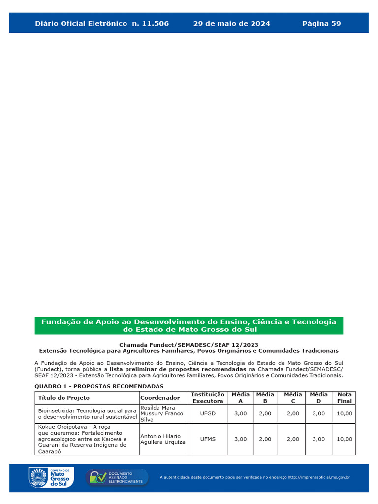 Chamada Fundect SEMADESC SEAF 12 2023 Preliminar Recomendadas | PDF | Agricultura