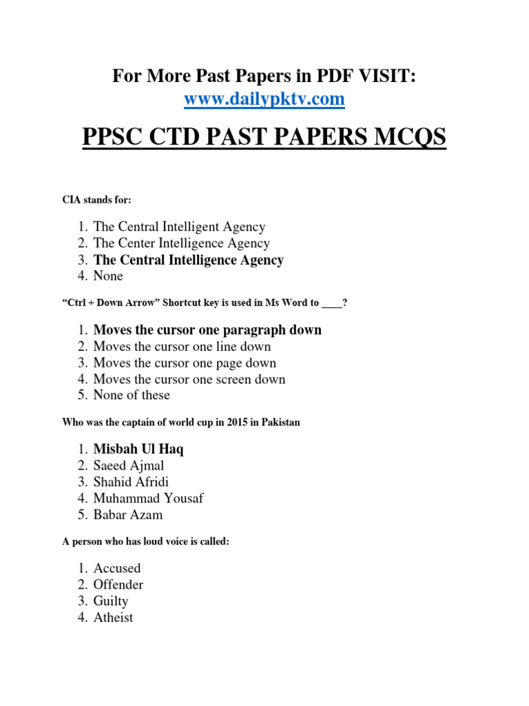 CTD Punjab Police Past Papers MCQs PDF 2024 | PDF | Pakistan | Microsoft Excel