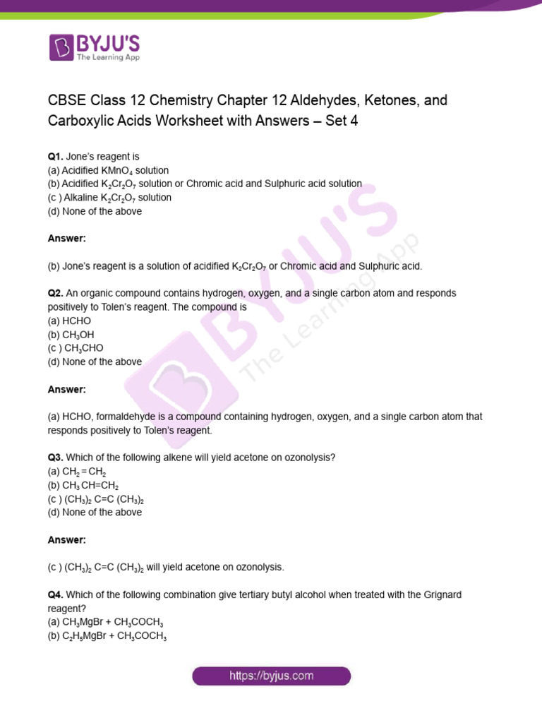 CBSE Class 12 Chemistry Chapter 12 Aldehydes Ketones and Carboxylic Acids Worksheet With Answers ...