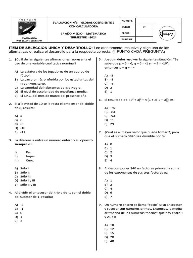 nm3 MAT P3 GLOBAL Trimi 2024 | PDF | Aritmética | Matemáticas