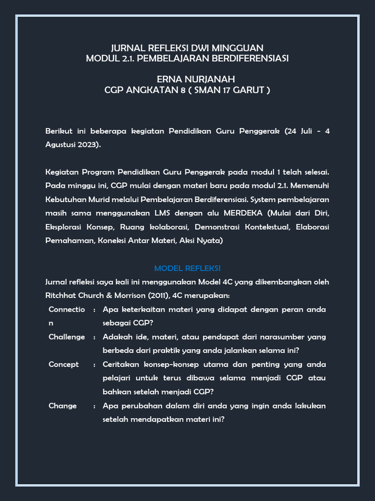 JURNAL REFLEKSI DWI MINGGUAN Modul 2.1 - Erna Nurjanah | PDF | Karier & Perkembangan ...