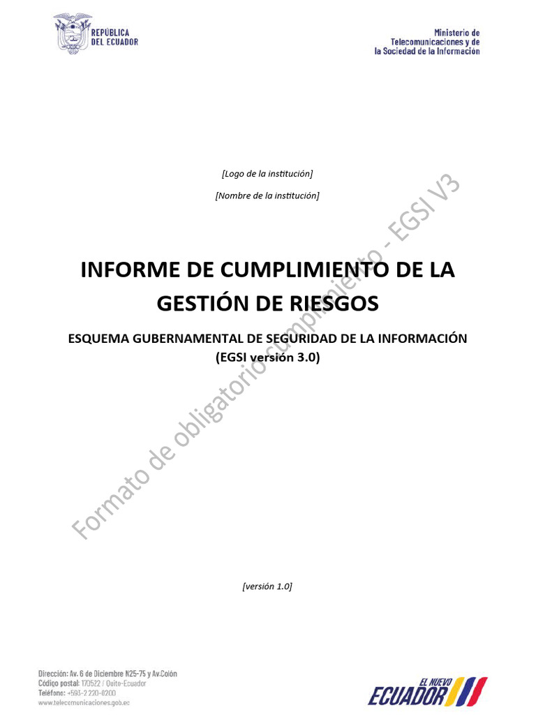 Formato Informe De Cumplimiento De La Gestion De Riesgos Egsi V3